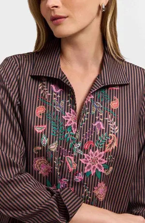 Foxcroft Agnes Floral Stripe Cotton Poplin Popover Top