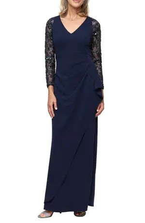 SL FASHIONS Beaded Sleeve Crepe Gown