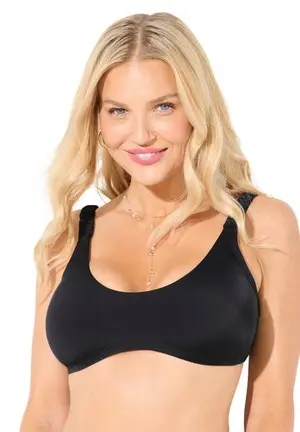SWIMSUITS FOR ALL Scoop Neck Shirred Bikini Top With Removable Push-up Cups - Black