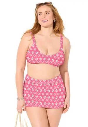 SWIMSUITS FOR ALL Scoop Neck Shirred Bikini Top With Removable Push-up Cups - Coral Pink Sun Stamp