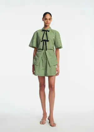 Lela Rose Embroidered Striped Cotton Shorts - Cactus
