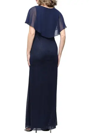 SL FASHIONS Rhinestone Detail Glitter Mesh Gown - Navy