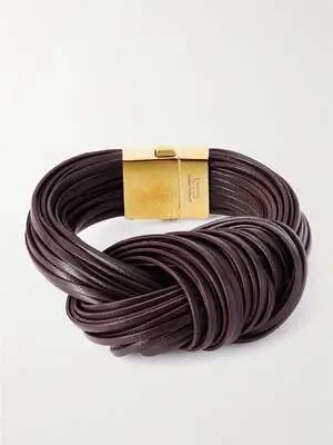 Bottega Veneta Bottega Veneta Knot Gold-Plated Leather Bracelet Dark Brown