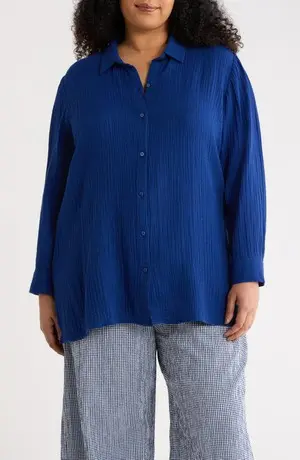 Eileen Fisher Classic Collar Organic Cotton Button-up Shirt - Deep Dive