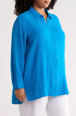 Eileen Fisher Classic Collar Organic Cotton Button-up Shirt - Ibiza