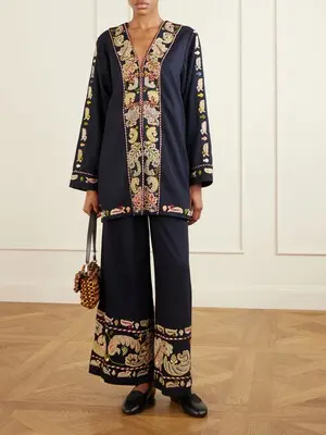 BODE Embroidered Cotton-blend Flared Pants - Black