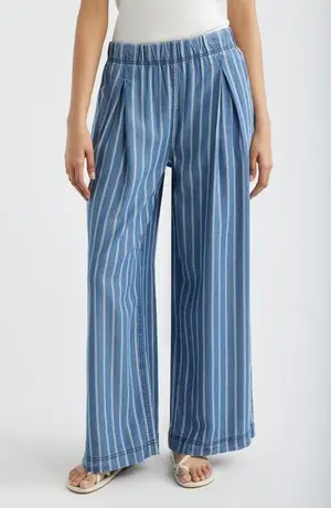 CITY BLUES Pleated Stripe Wide Leg Denim Pants
