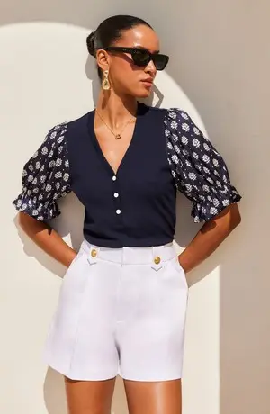 Fifteen Twenty Tamra Contrast Puff Sleeve Henley