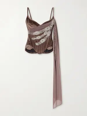 WIEDERHOEFT Tie-detailed Embellished Corset Top - Brown