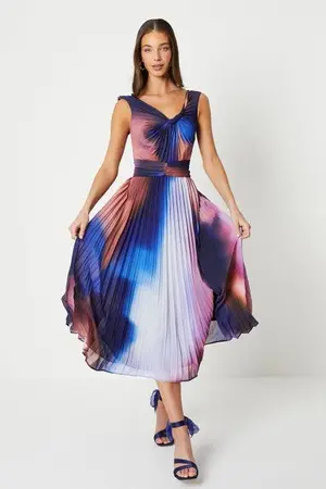 Coast Printed Pleated V-neck Midi Dress - Multi