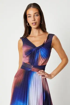 Coast Printed Pleated V-neck Midi Dress