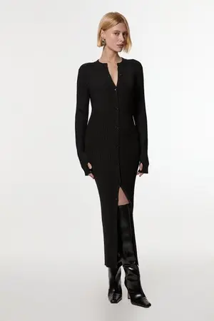 Karen Millen Button-through Ribbed Maxi Dress - Black