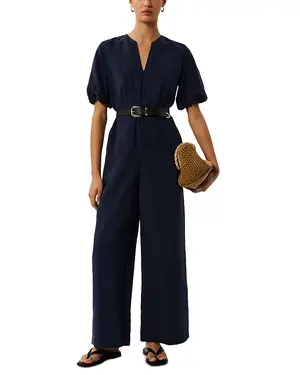 Whistles Linen Blend Tie Waist Jumpsuit - Navy