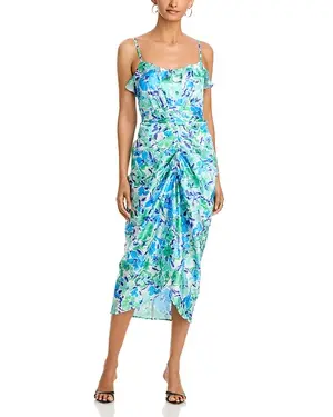 Aqua Floral Ruffle Tie Waist Midi Dress - Blue Multi