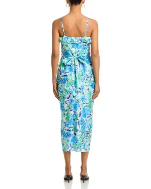 Aqua Floral Ruffle Tie Waist Midi Dress