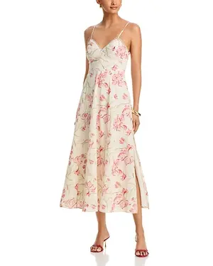 Aqua Embroidered Floral Lace Trim Midi Dress - Pink Multi