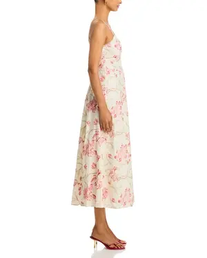 Aqua Embroidered Floral Lace Trim Midi Dress