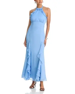 Aqua Ruffle Neck Maxi Dress