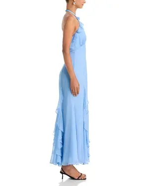 Aqua Ruffle Neck Maxi Dress