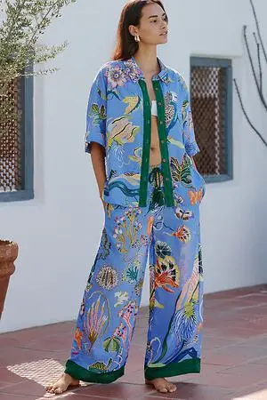 CELANDINE X Sarah Gordon Linen Blend Buttondown Shirt - Blue Pattern