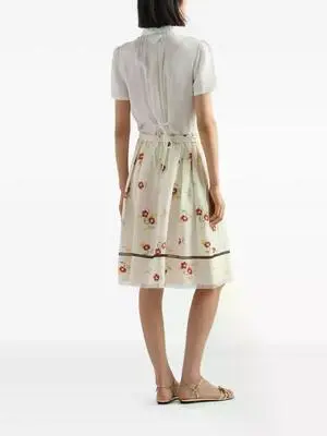 Prada Floral Print Linen Skirt With Lace Trim - Neutrals