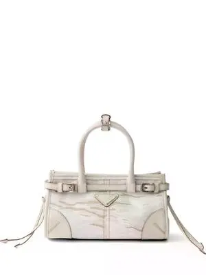 Prada Printed Linen And Leather Handbag Neutrals