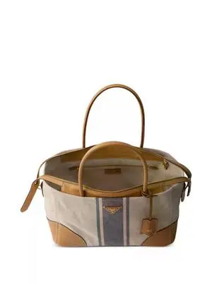 Prada Large Canvas And Leather Tote Bag - Neutrals