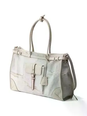 Prada Bonnie Printed Linen And Leather Tote Bag - Neutrals