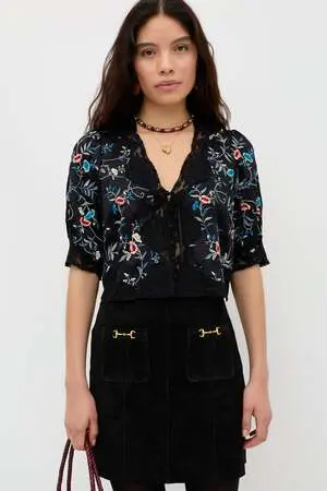 Rixo Botanical Embroidery Ursula Top - Black