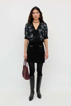 Rixo Botanical Embroidery Ursula Top - Black