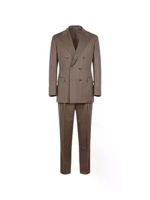 Brunello Cucinelli Double-breasted Herringbone Suit - Brown