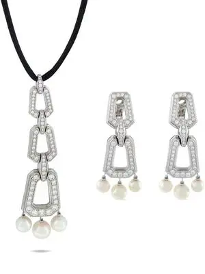 Cartier Chandra Diamond And Pearl Necklace And Earring Set
