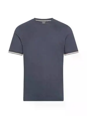 BOSS Cotton-jersey T-shirt With Signature-stripe Cuffs - Blue