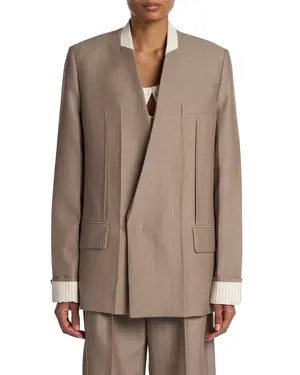 Victoria Beckham Collarless Jacket In Virgin Wool - Limestone