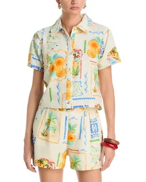 Aqua Postcard Printed Short Sleeve Shirt - White Multi