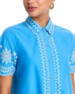 French Connection Alissa Embroidered Mini Shirt Dress - Poolside Blue