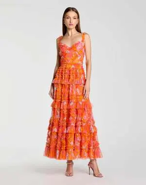 Mac Duggal Floral Ruffle A-line Maxi Dress