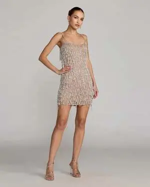 Mac Duggal Embellished Fringe Mini Dress - Neutral