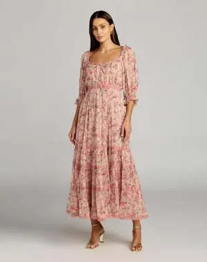 Mac Duggal Floral Print Midi Dress With 3/4 Sleeves - Pink Multi