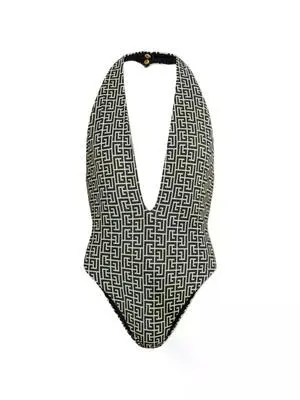 Balmain Monogram-pattern Halterneck Swimsuit - Black