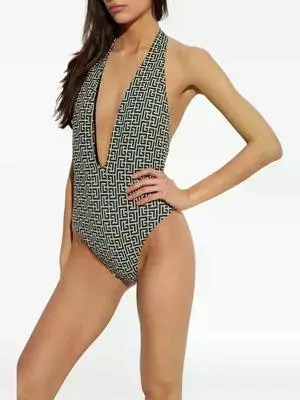 Balmain Monogram-pattern Halterneck Swimsuit