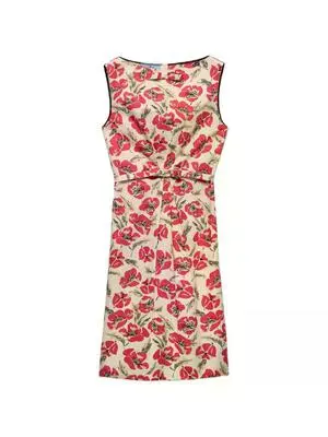 Prada Printed Soft Poplin Dress With Floral Motif And Bow Detail - Neutrals