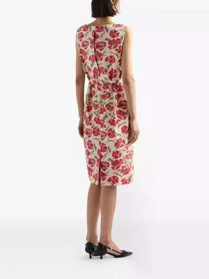 Prada Printed Soft Poplin Dress With Floral Motif And Bow Detail - Neutrals