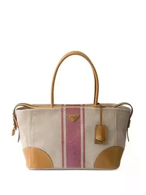 Prada Large Canvas And Leather Shopping Bag - Neutrals