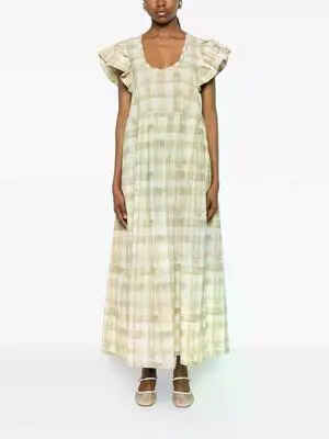 LEE MATHEWS Check-pattern Ruffled-sleeve Maxi Dress