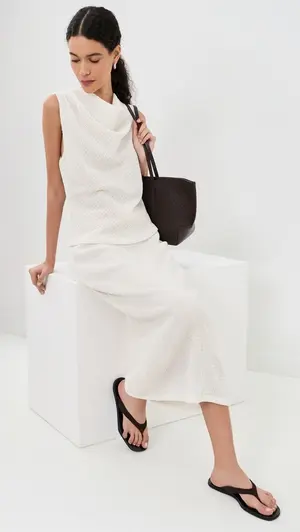 Vince Shadow Grid Cowl Neck Top - Chalk