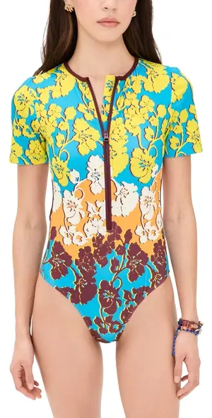 ALEMAIS Short Sleeve Zip Front One-piece With Floral Print