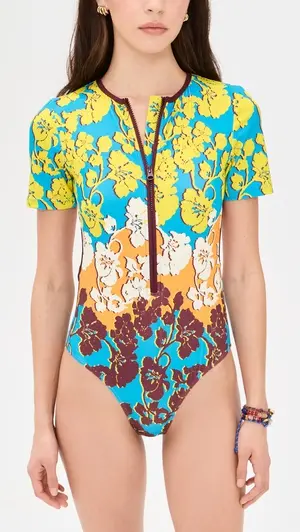 ALEMAIS Short Sleeve Zip Front One-piece With Floral Print
