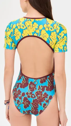 ALEMAIS Short Sleeve Zip Front One-piece With Floral Print