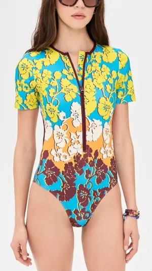 ALEMAIS Short Sleeve Zip Front One-piece With Floral Print